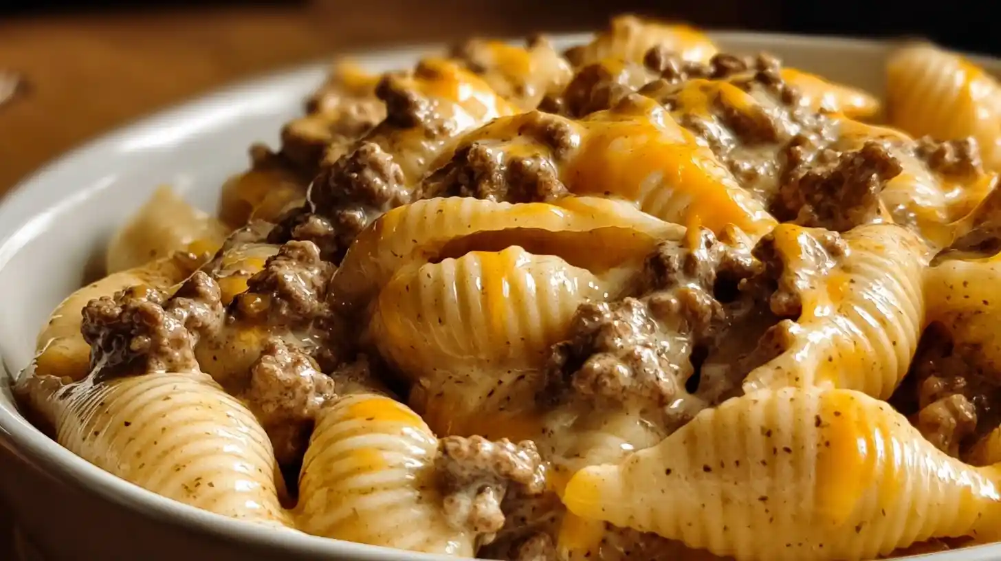 Crockpot Cheesy Ranch Beef Pasta Shells Comfort easy dinner